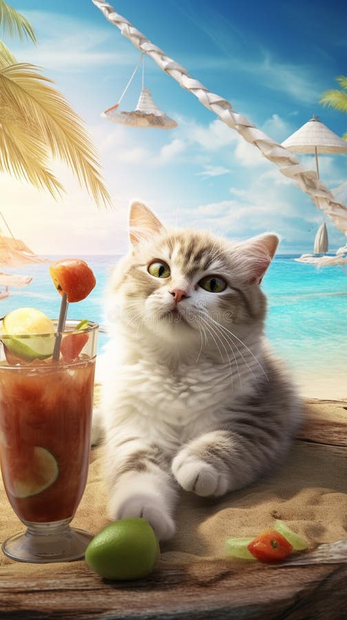 Funny Cat with Cocktail on the Beach. Summer Vacation Concept Stock Illustration - Illustration ...