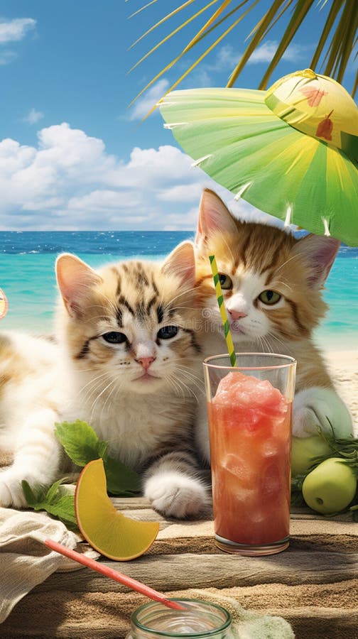 Funny Cat with Cocktail on the Beach. Summer Vacation Concept Stock ...