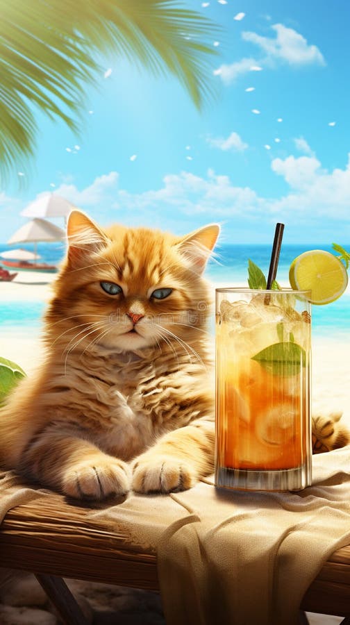 Funny Cat with Cocktail on the Beach. Summer Vacation Concept Stock ...