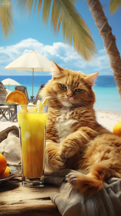 Funny Cat with Cocktail on the Beach. Summer Vacation Concept Stock ...