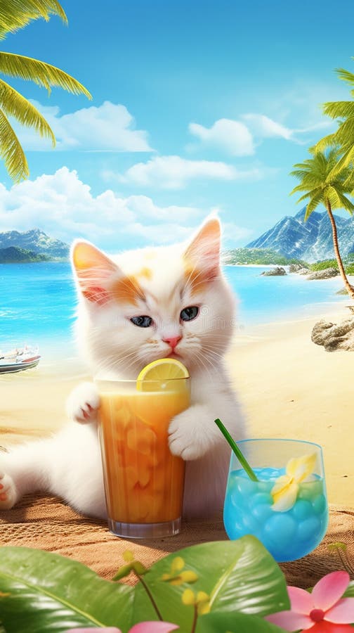 Funny Cat with Cocktail on the Beach. Summer Vacation Concept Stock ...