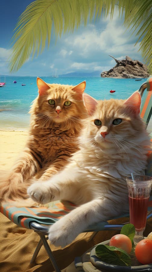 Funny Cat with Cocktail on the Beach. Summer Vacation Concept Stock ...