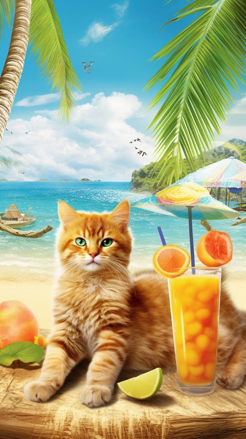 Funny Cat with Cocktail on the Beach. Summer Vacation Concept Stock ...