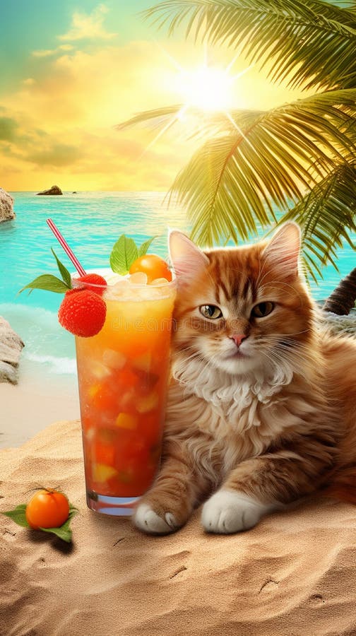 Funny Cat with Cocktail on the Beach. Summer Vacation Concept Stock ...