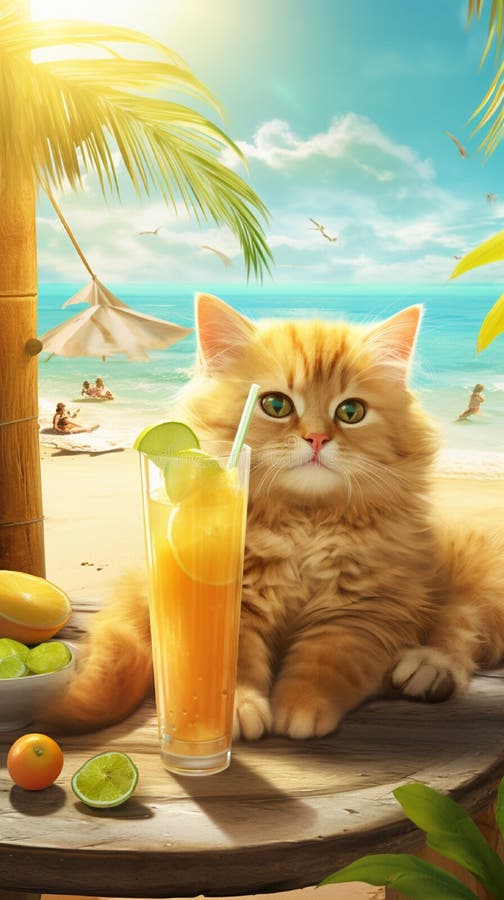 Funny Cat with Cocktail on the Beach. Summer Vacation Concept Stock ...