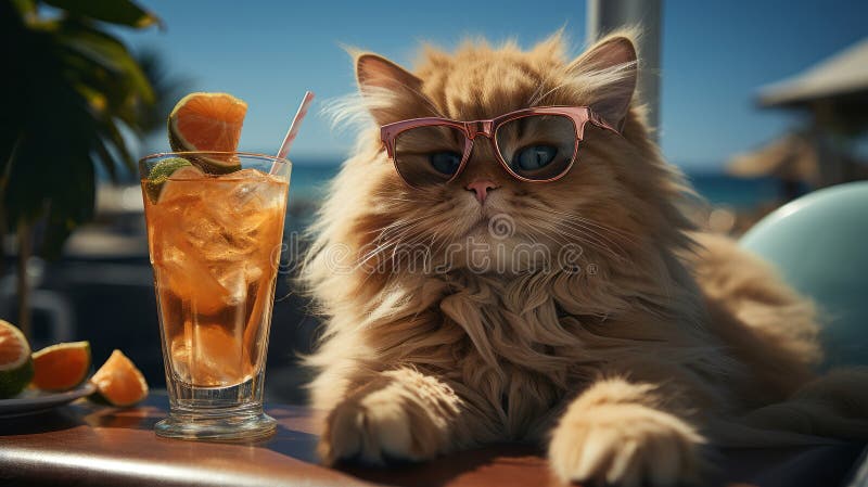 Funny Cat with Cocktail Drink at Beach. Generative AI. Stock ...
