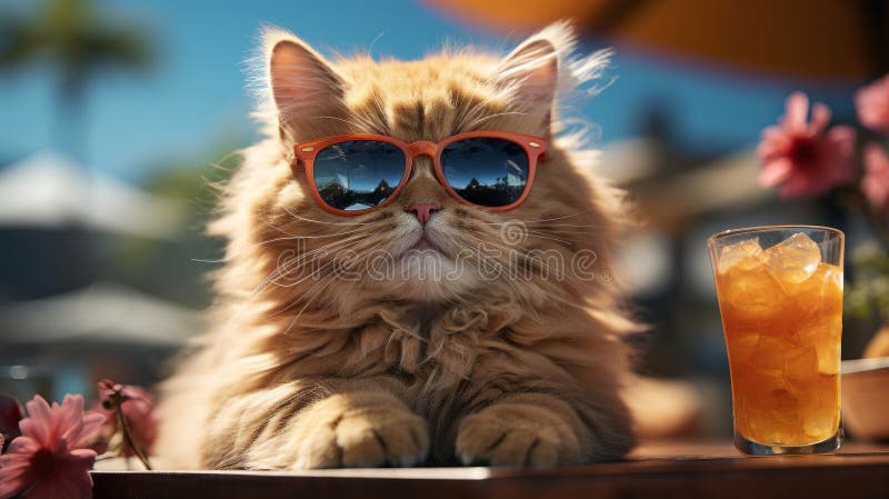 Funny Cat with Cocktail Drink at Beach. Generative AI. Stock ...