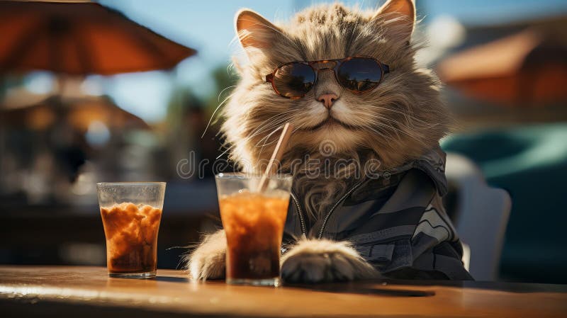 Funny Cat with Cocktail Drink at Beach. Generative AI. Stock ...