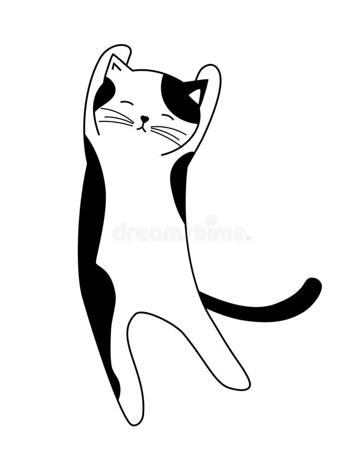 Funny Cat in Dancing or Stretching Pose Black and White Vector ...