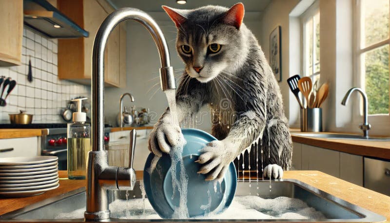 Funny Cat Doing Dishes in Modern Kitchen Setting AI Stock Image - Image ...
