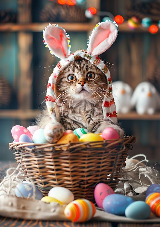 Funny Cat in Easter Bunny Costume with a Basket Full of Easter Eggs ...
