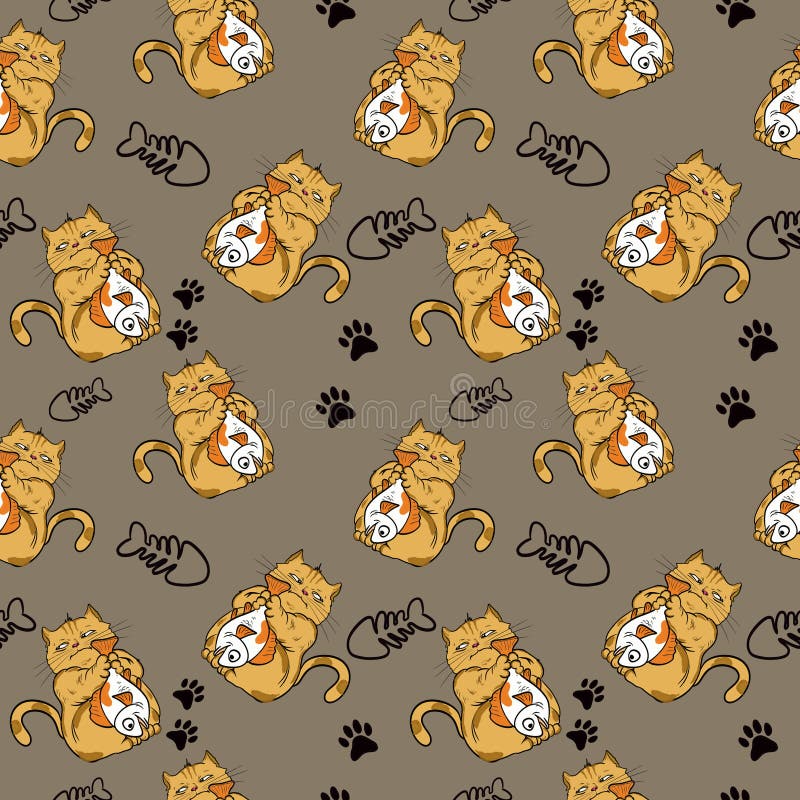 Funny Cat with Fish Pattern Design Stock Illustration - Illustration of ...