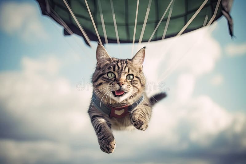 Funny Cat is Flying on a Parachute in Sky. Generative AI Stock ...