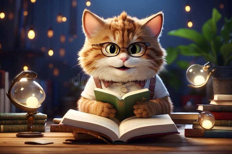 Funny Cat with Glass Reading the Book Stock Illustration - Illustration ...
