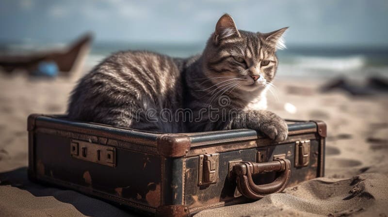 Funny Cat Going on Beach Vacation. Cat Relaxing on Vintage Suitcase on ...