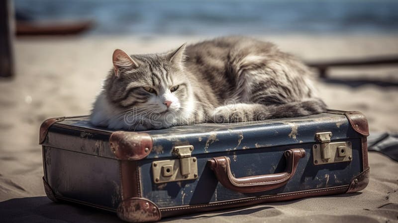 Funny Cat Going on Beach Vacation. Cat Relaxing on Vintage Suitcase on ...