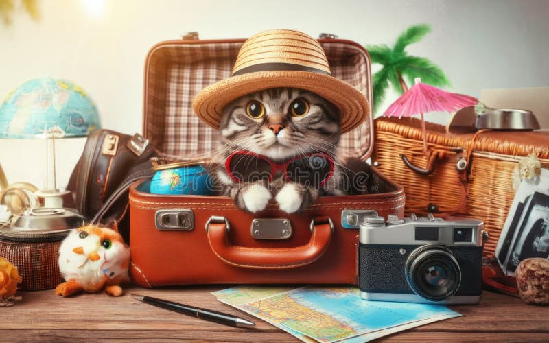 Funny Cat Going on Vacation Sitting in Suitcase with Clothes Stock ...