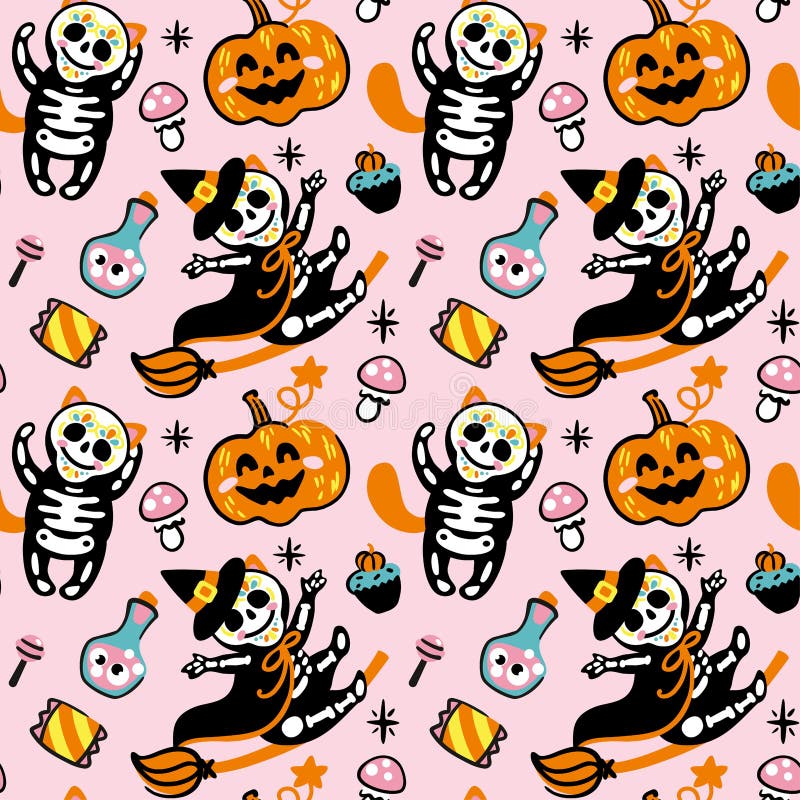 Funny Cat in Halloween Skeleton Costume. Kids Pattern for Halloween ...