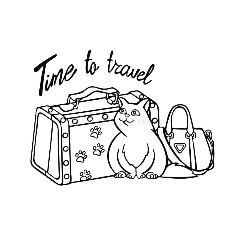Funny Cat and Hand Drawn Text - Time To Travel. Vector Illustration ...