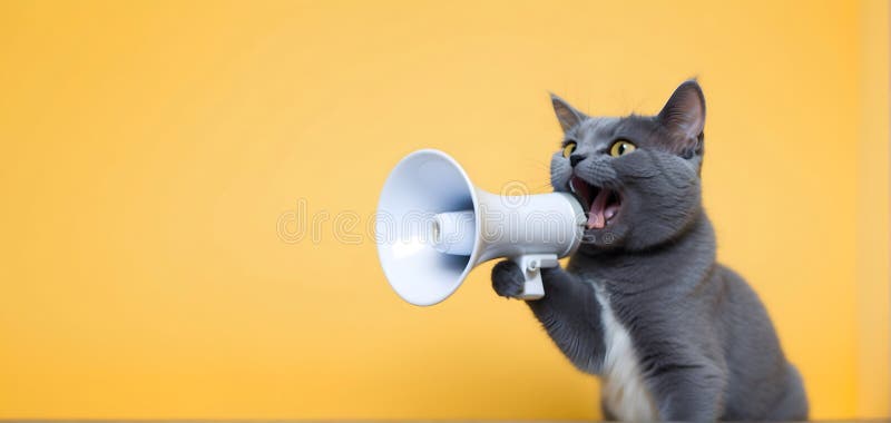 A Funny Cat Holding a Loudspeaker and Screaming with an Isolated Yellow ...