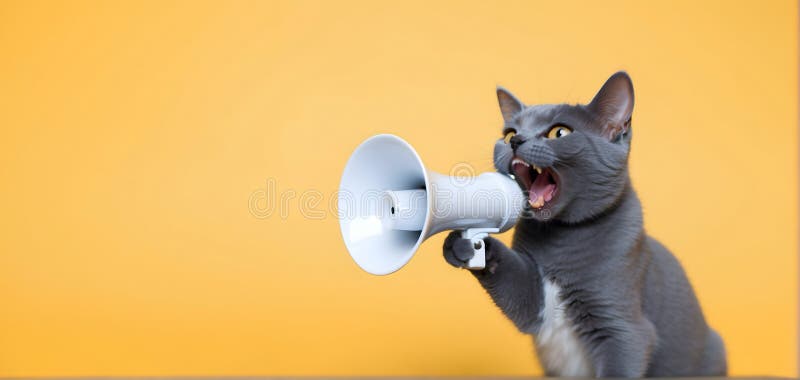 A Funny Cat Holding a Loudspeaker and Screaming with an Isolated Yellow ...