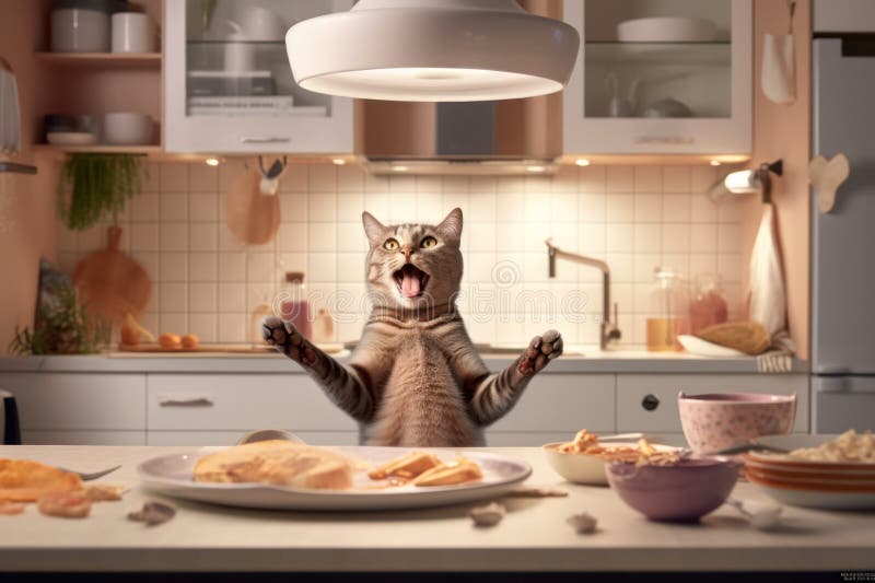 Funny Cat at the Kitchen Table Generative Ai Stock Illustration ...