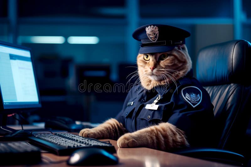 Funny Cat Officer Using a Computer for Police Work Tasks. Cat Dressed ...