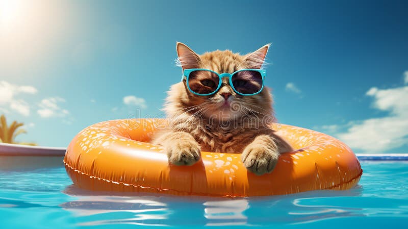 Funny Cat in the Pool on an Inflatable Ring on Vacation Stock ...