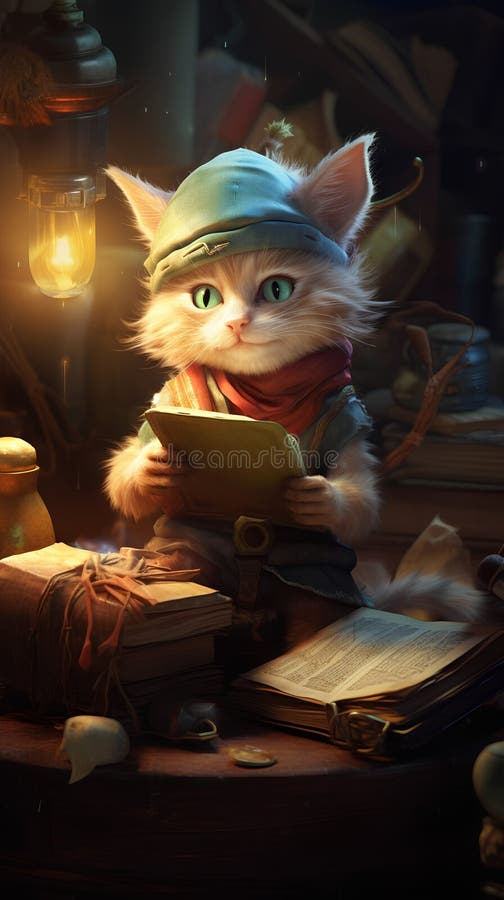 Funny Cat Reading a Book in the Library. Fairy Tale Stock Photo - Image ...