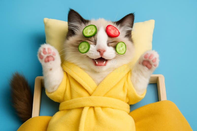 Funny Cat in a Robe with a Cucumber Mask Stock Photo - Image of mask ...