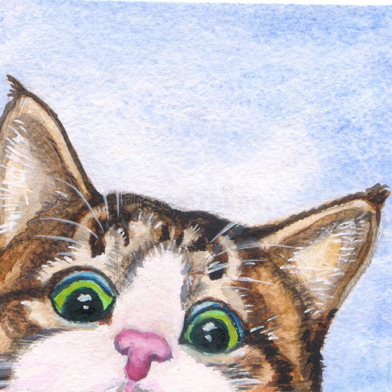 Funny Cat`s Face, Watercolor Drawing on a Blue Background Stock ...