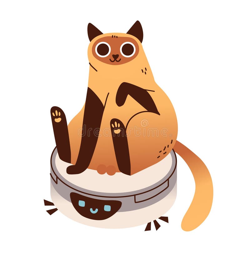 A Funny Cat Sits on a Robot Vacuum Cleaner. Flat Vector Illustration of ...