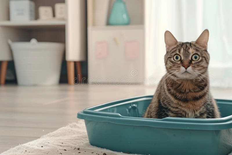 Funny Cat Sitting in Litter Box Stock Illustration - Illustration of beautiful, looking: 335033168