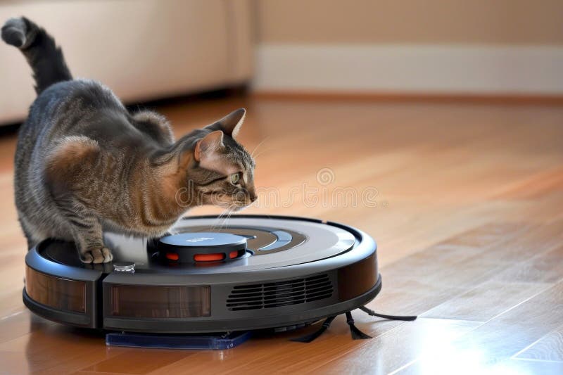Funny Cat Sitting on a Robotic Vacuum Cleaner in a Modern Home. AI ...
