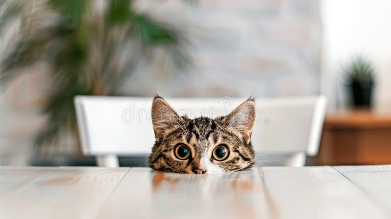 Funny Cat Sitting at the Table, Sticking Out Above the Table, Watching ...