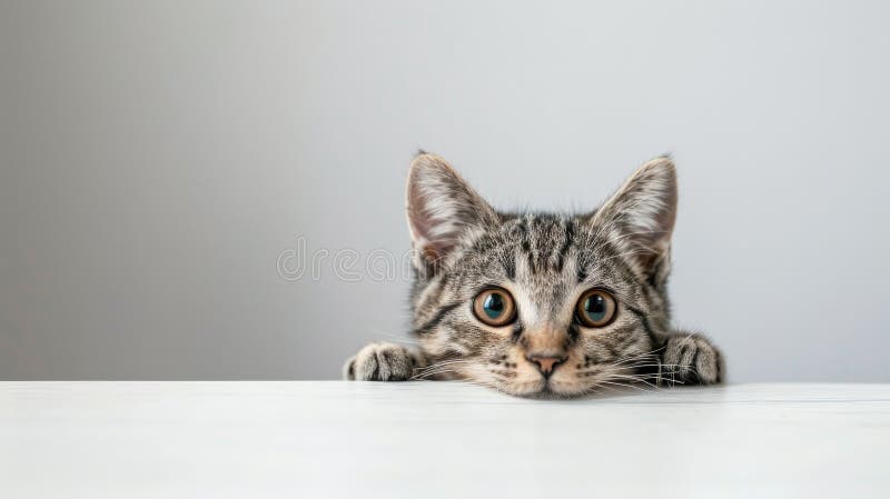 Funny Cat Sitting at the Table, Sticking Out Above the Table, Watching ...