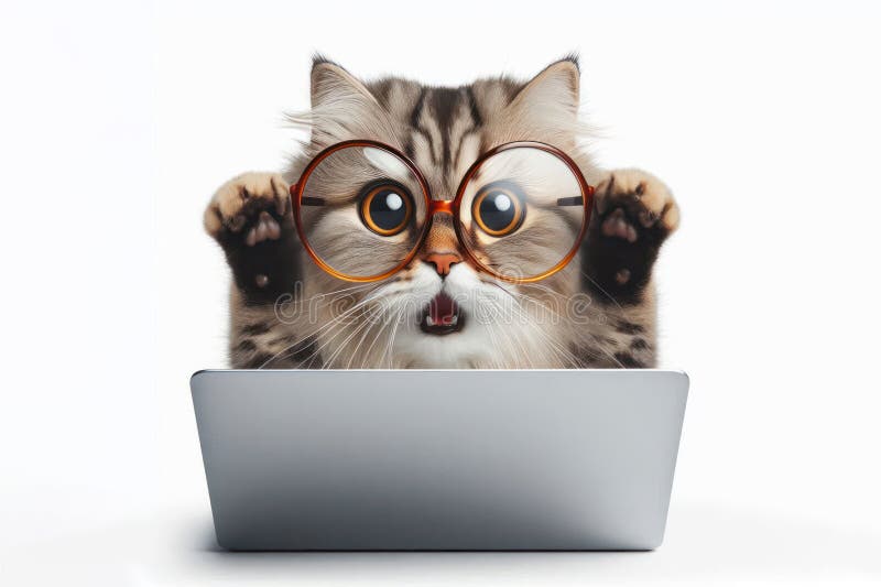 Funny Cat Wearing Glasses Looking at Laptop Stock Photo - Image of ...