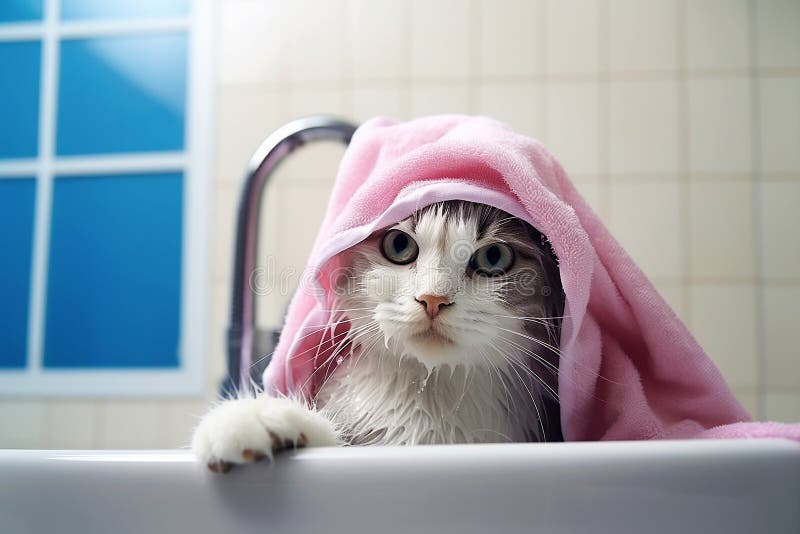 A Funny Cat is Wrapped in a Towel after Bathing Stock Illustration ...