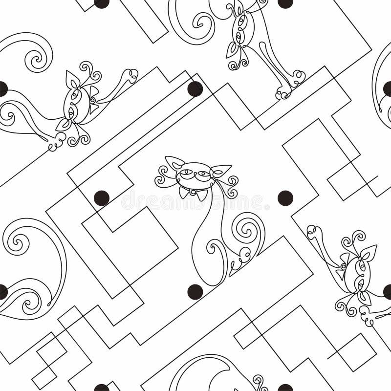 Funny Cats. Continuous Line Drawing. Seamless Pattern. Print. White ...
