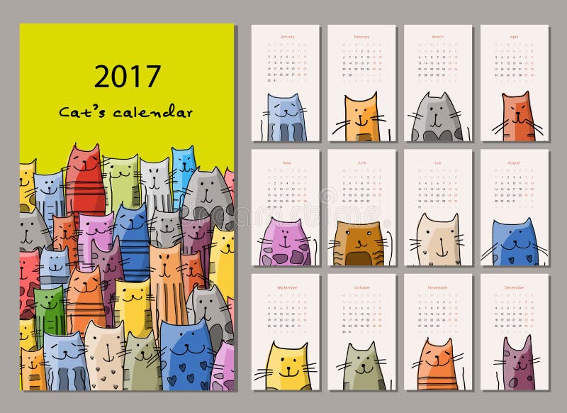 Cat Calendar. 2020 Year Planner with Cute Cats, Funny Kitten Hand Drawn ...