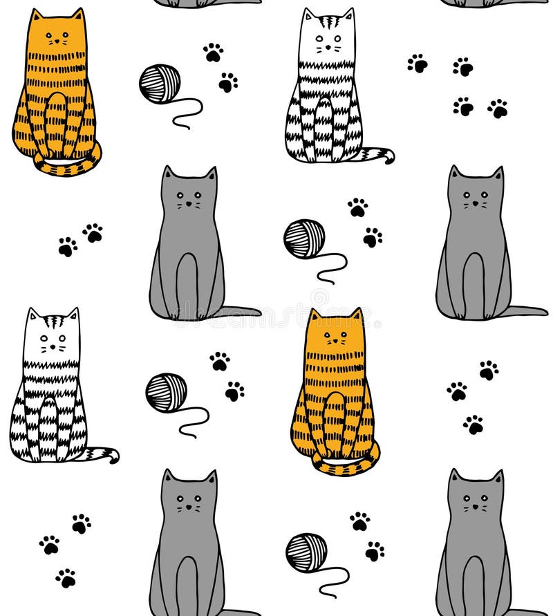 Funny Cats Handdrawn Pattern Vector Stock Vector - Illustration of ...