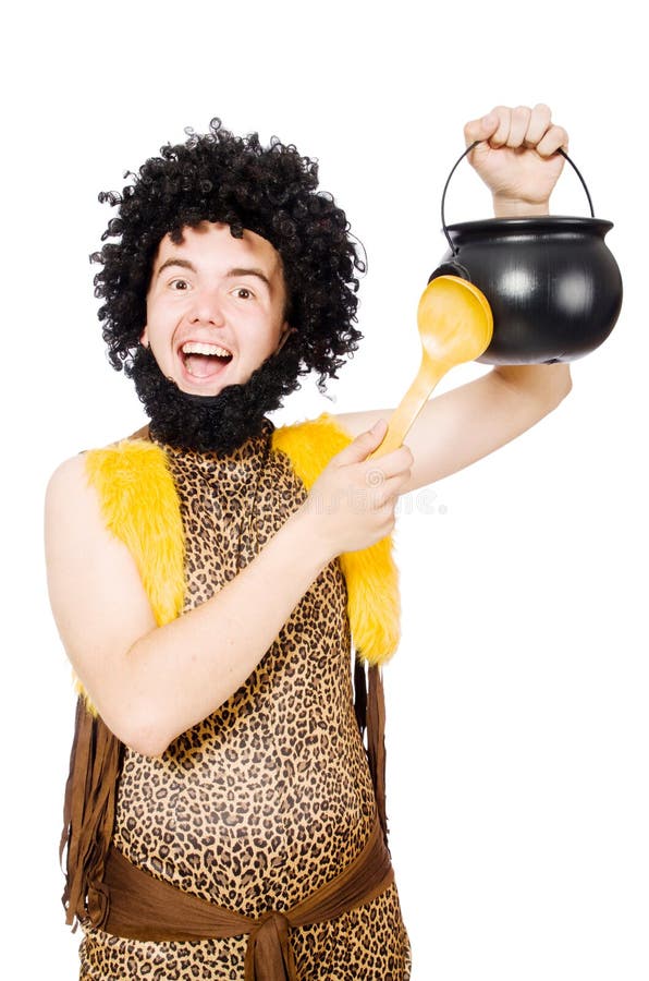 Funny Caveman with Pot Isolated Stock Photo - Image of beard, caveman ...