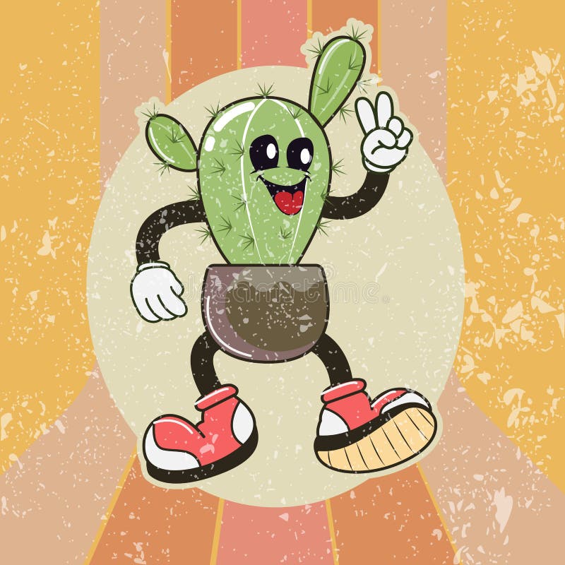 Funny Character, Cartoon Cactus in Retro Style. Stock Vector ...