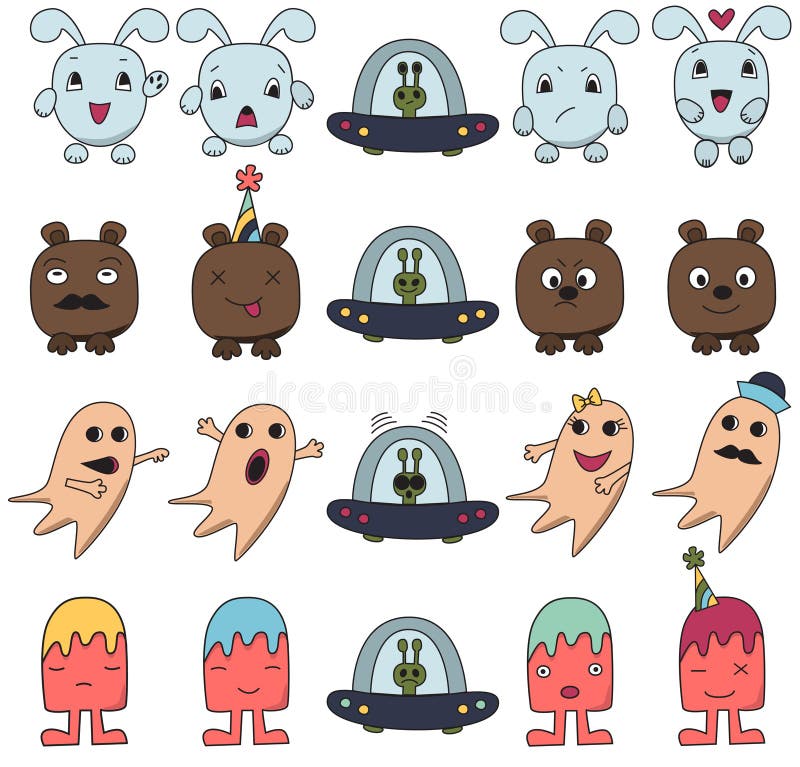 Funny Character Faces Avatars.Doodle Style Vector Icons Set Stock ...