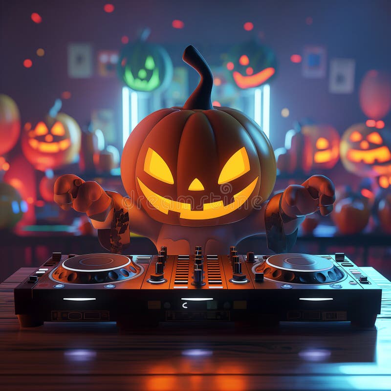 Funny Character with Jack O Lantern Head at DJ Console for Halloween ...