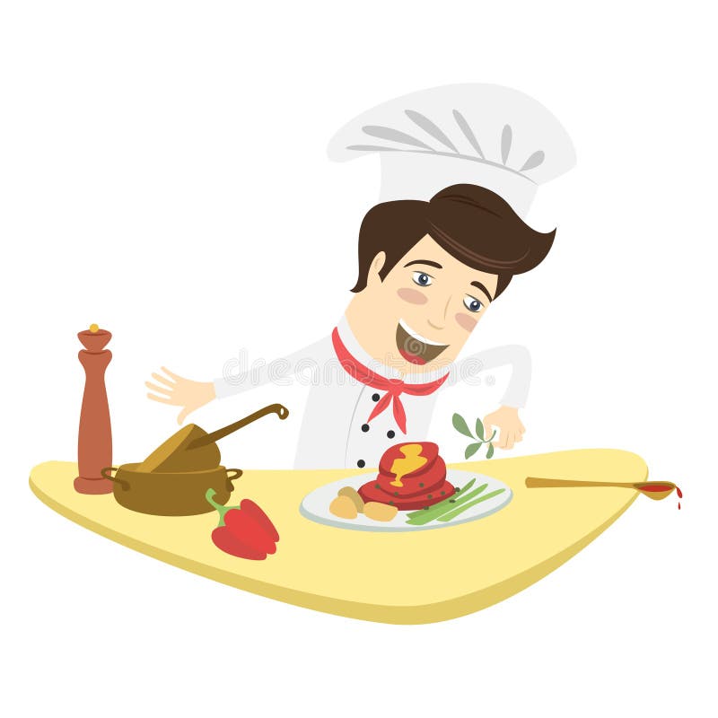 Funny Chef Cooking Meat Dish in the Kitchen Stock Illustration ...