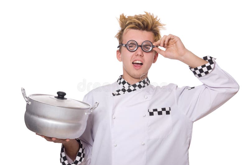 Funny Chef Holding Pan Isolated on White Stock Image - Image of ...