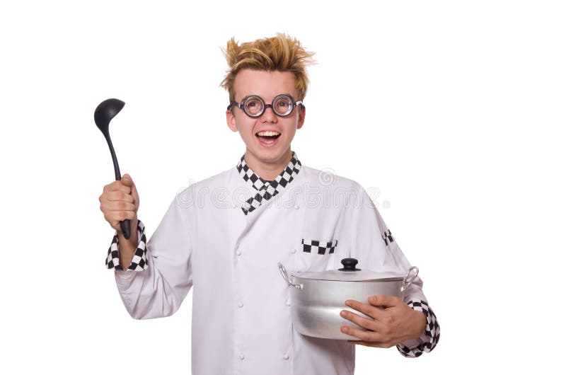 Funny Chef Holding Pan and Spoon Isolated on White Stock Image - Image ...