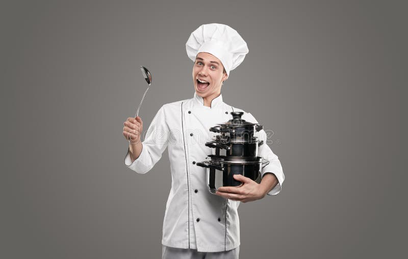 Funny Chef with Saucepans in Studio Stock Photo - Image of culinary ...