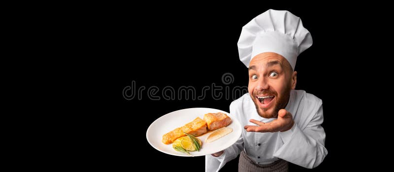 Funny Chef Serving Fish Dish on Black Background, Panorama, High-Angle ...